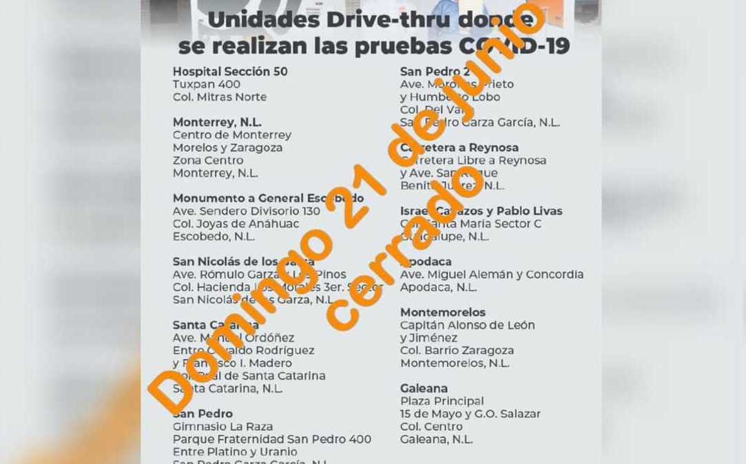 Coronavirus Nuevo León. Drive-thru permanecerán cerrados hoy 21 junio ...