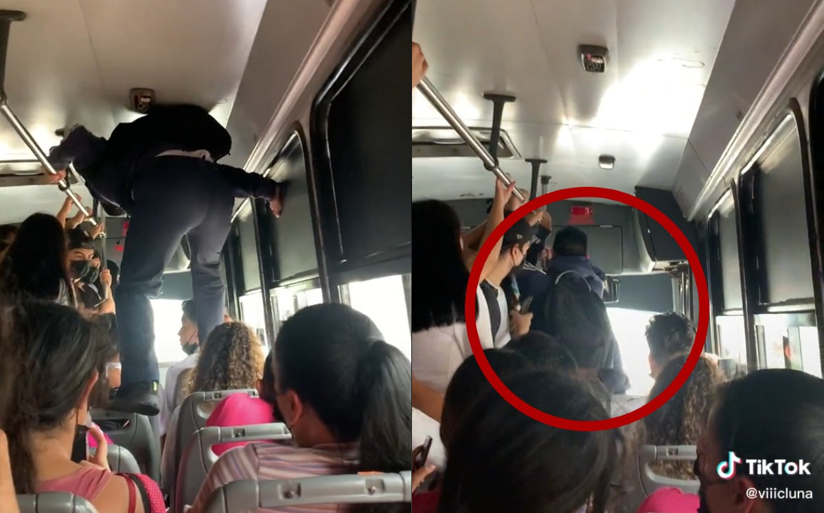 Joven camina por asientos de autobús lleno para poder bajar | Video ...