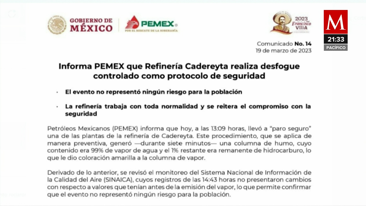 Pemex realiza desfogue controlado en Refinería Cadereyta- Grupo Milenio