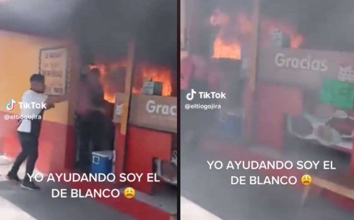Joven intenta apagar incendio en negocio llevando agua en una mano ...